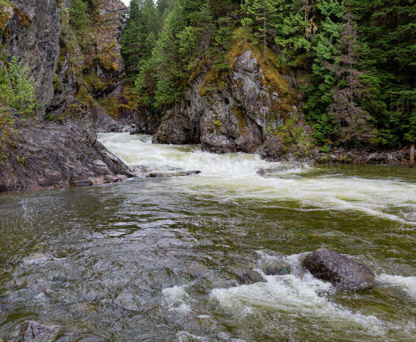Rushing river in a rugged forested area along Highway 16 between ...