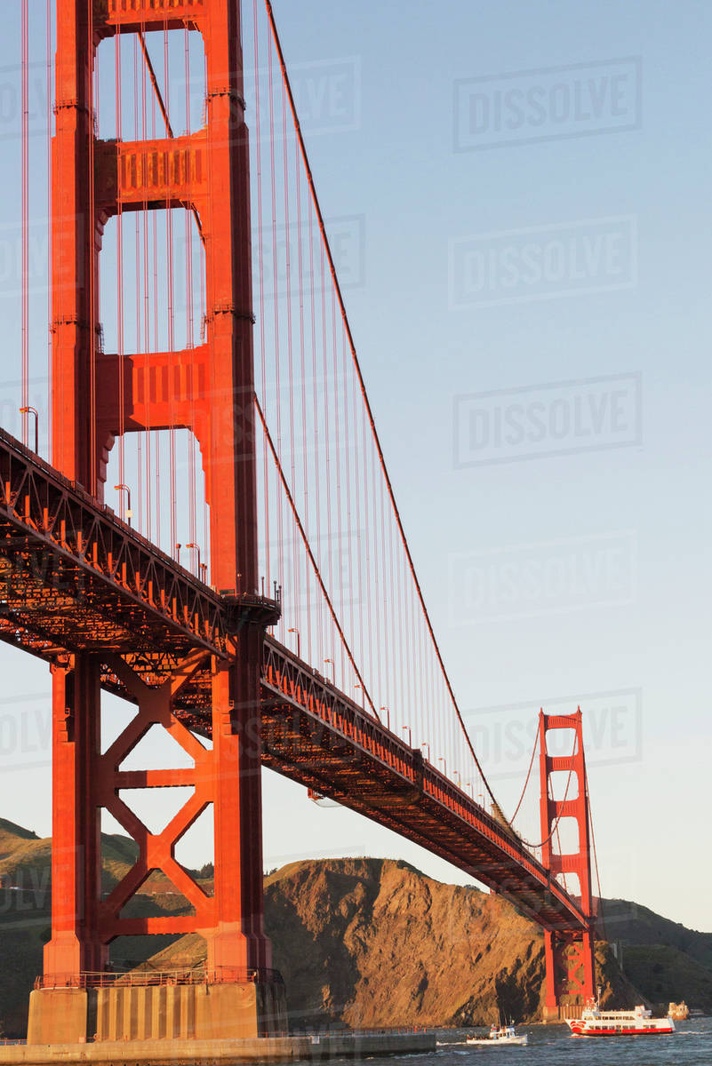 Tour boats cross under Golden Gate Bridge, viewed from Fort Point at ...