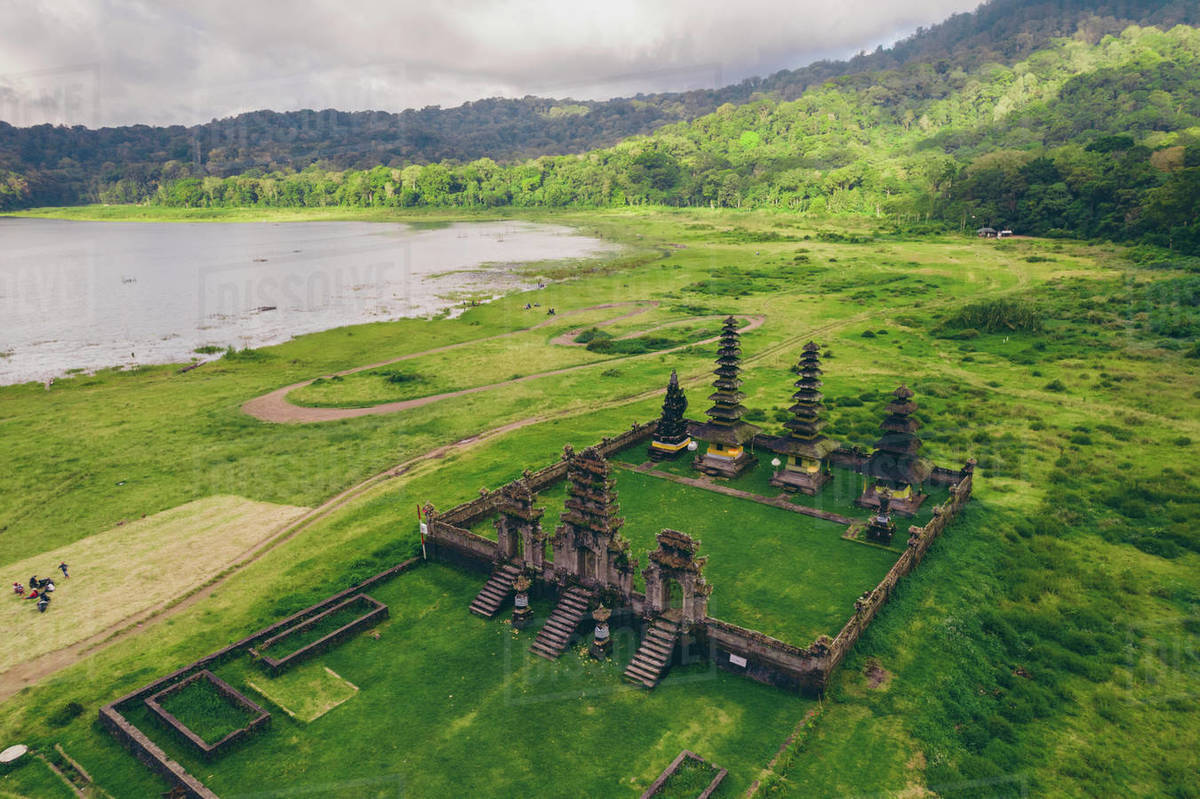 Aerial view of Pura Ulun Danu Tamblingan, Balinese Hindu Temple on Lake ...