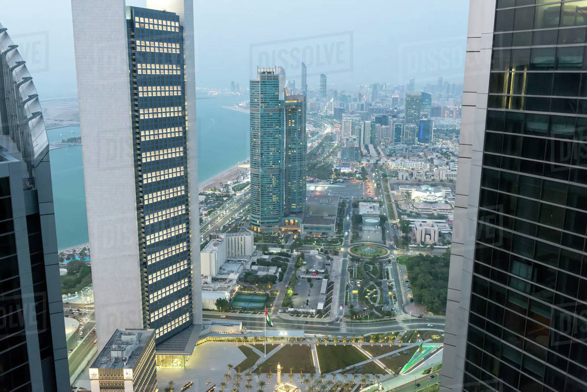 View looking down over Corniche Road at the ADNOC Tower and Nation ...