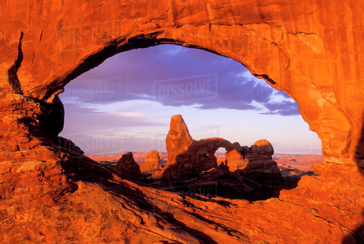 View through eye-shaped Window Arch to Turret Arch with the sunlight ...