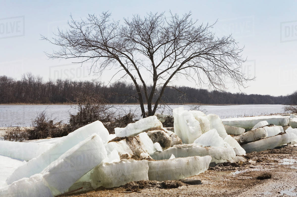 Chunks Of Spring Ice On The Red River, Rural Manitoba - Royalty-free ...