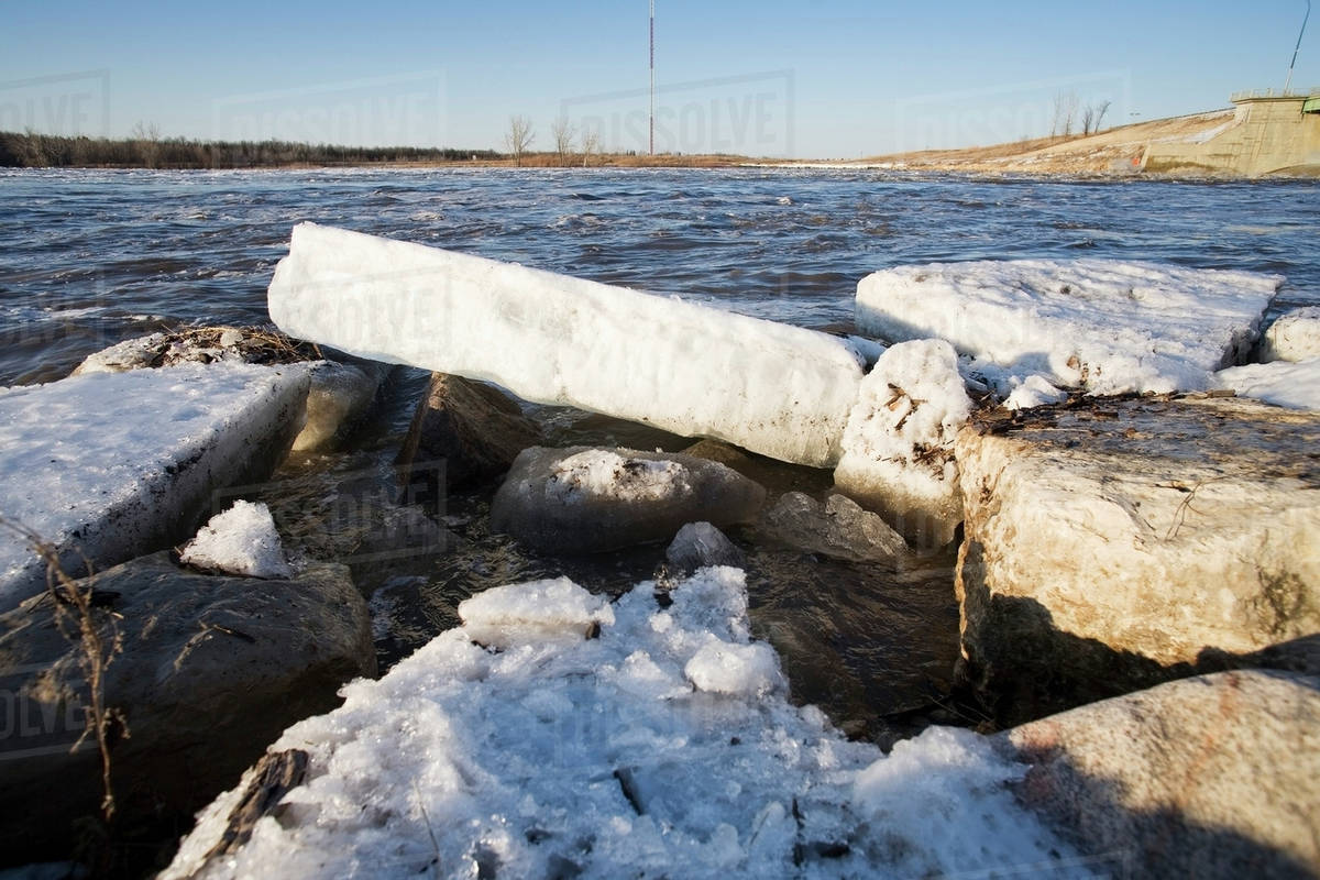 Chunks Of Spring Ice On The Red River, Rural Manitoba - Royalty-free ...