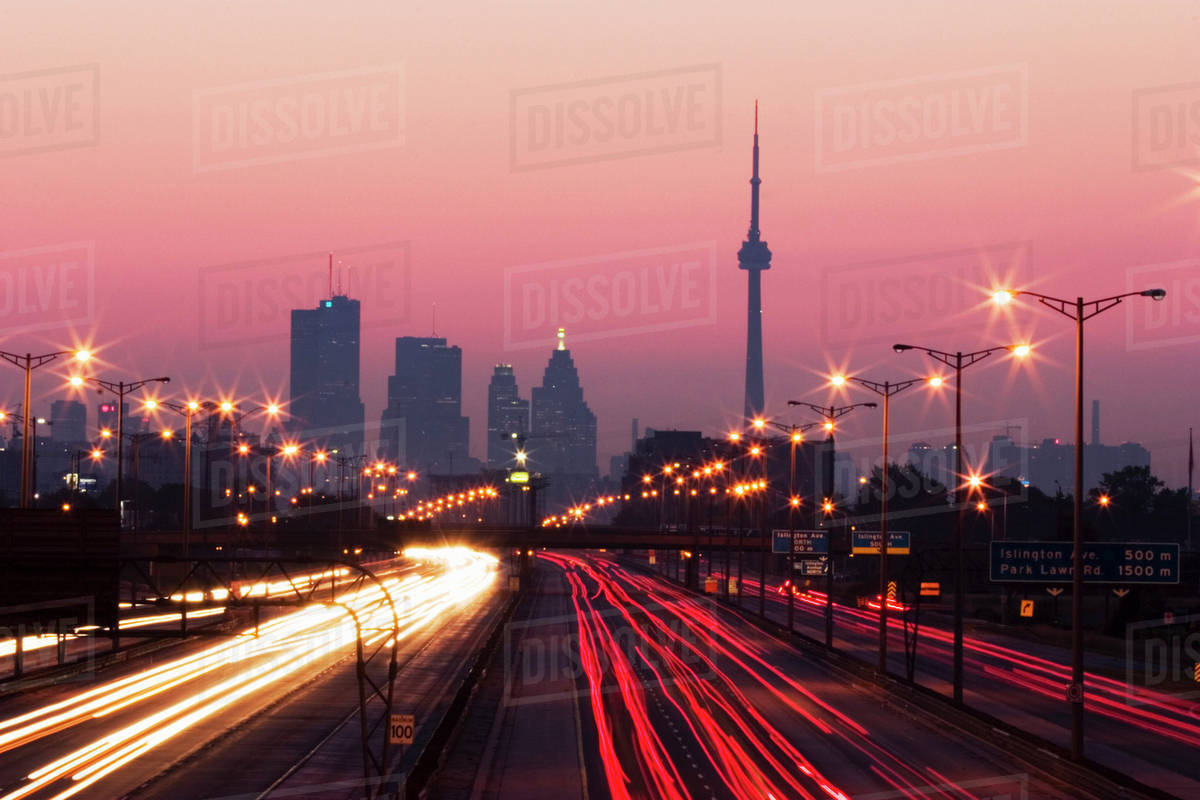 View Of Toronto Skyline From Above Queen Elizabeth Way Highway During ...