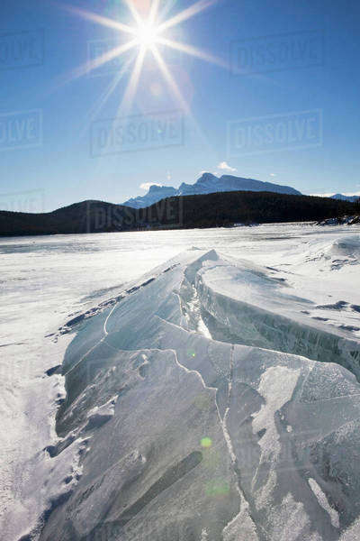 Ice Formations On A Frozen Lake Shoreline In The Mountains With A ...