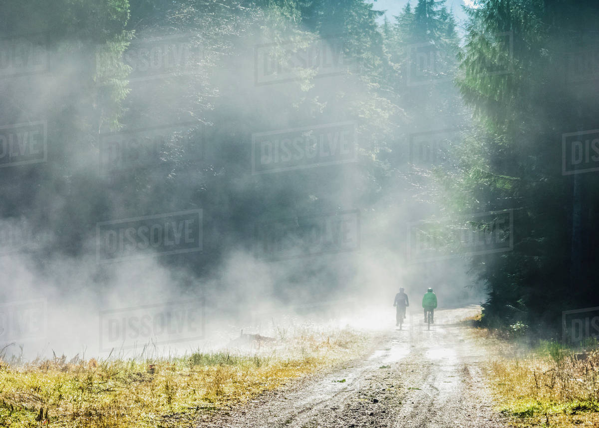 Two Senior Men Cycle In The Fog On The Trans Canada Trail In The ...