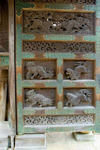 Carved wooden japanese temple door;Koyasan wakayama japan - Royalty ...
