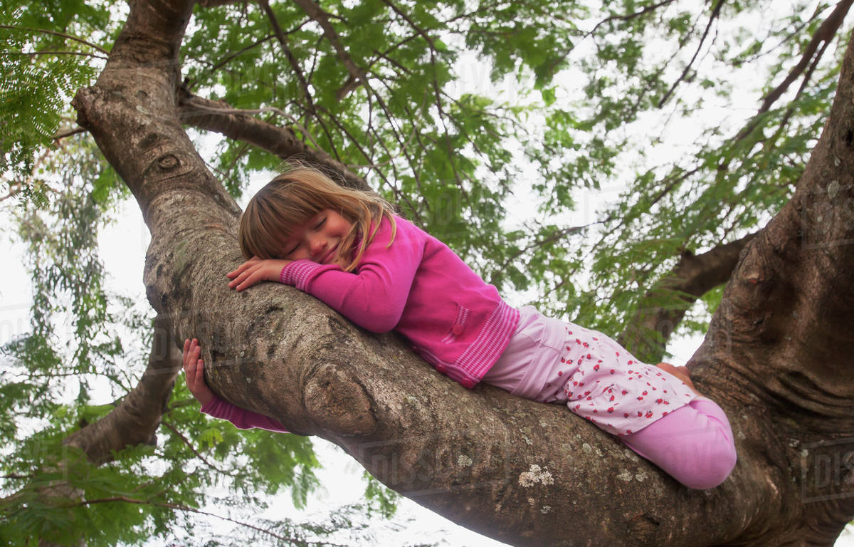 A young girl laying on a tree branch;Gold coast queensland australia ...