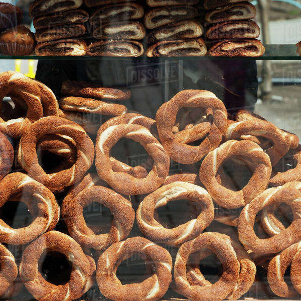 Ring shaped bread on display;Istanbul turkey - Stock Photo - Dissolve