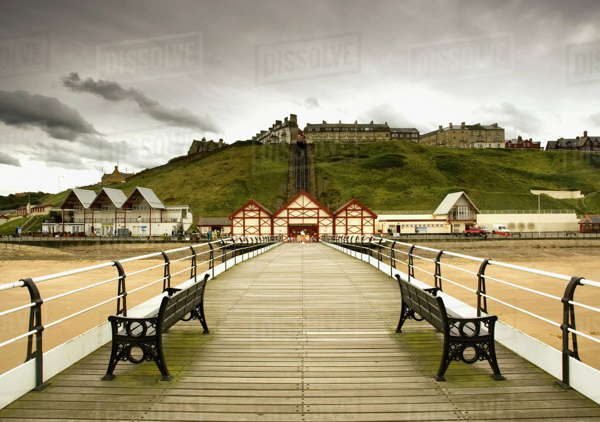 Benches Along A Pier; Saltburn, Cleveland, England - Royalty-free Stock ...