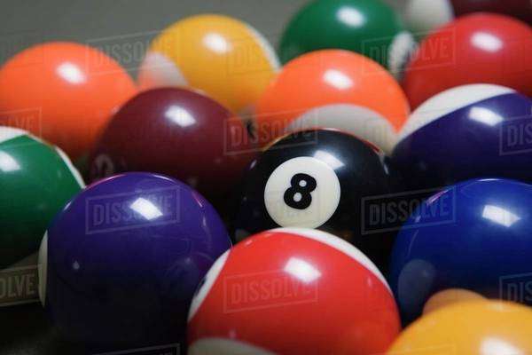 Close Up Of Pool Balls Racked On A Billiard Table Focused On The Eight ...