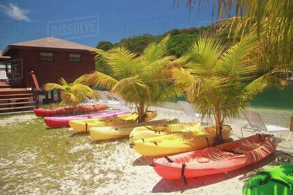 Roatan, Bay Islands, Honduras; Kayaks On The Beach At Anthony's Key ...