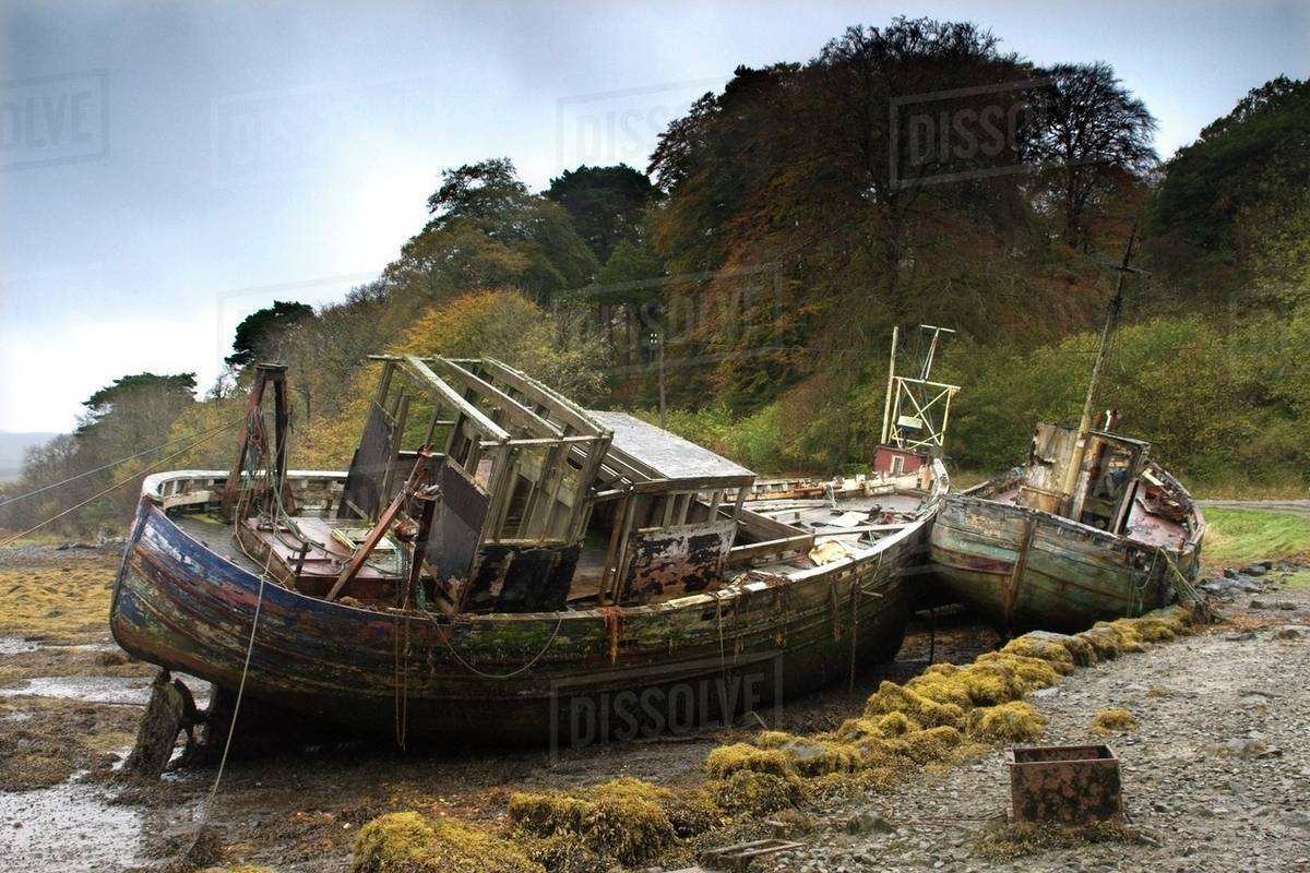 Two Old And Abandoned Boats On The Shore Of Isle Of Mull, Scotland ...