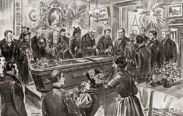 The death of Benjamin Harrison in 1901, scene in the parlor of the ...