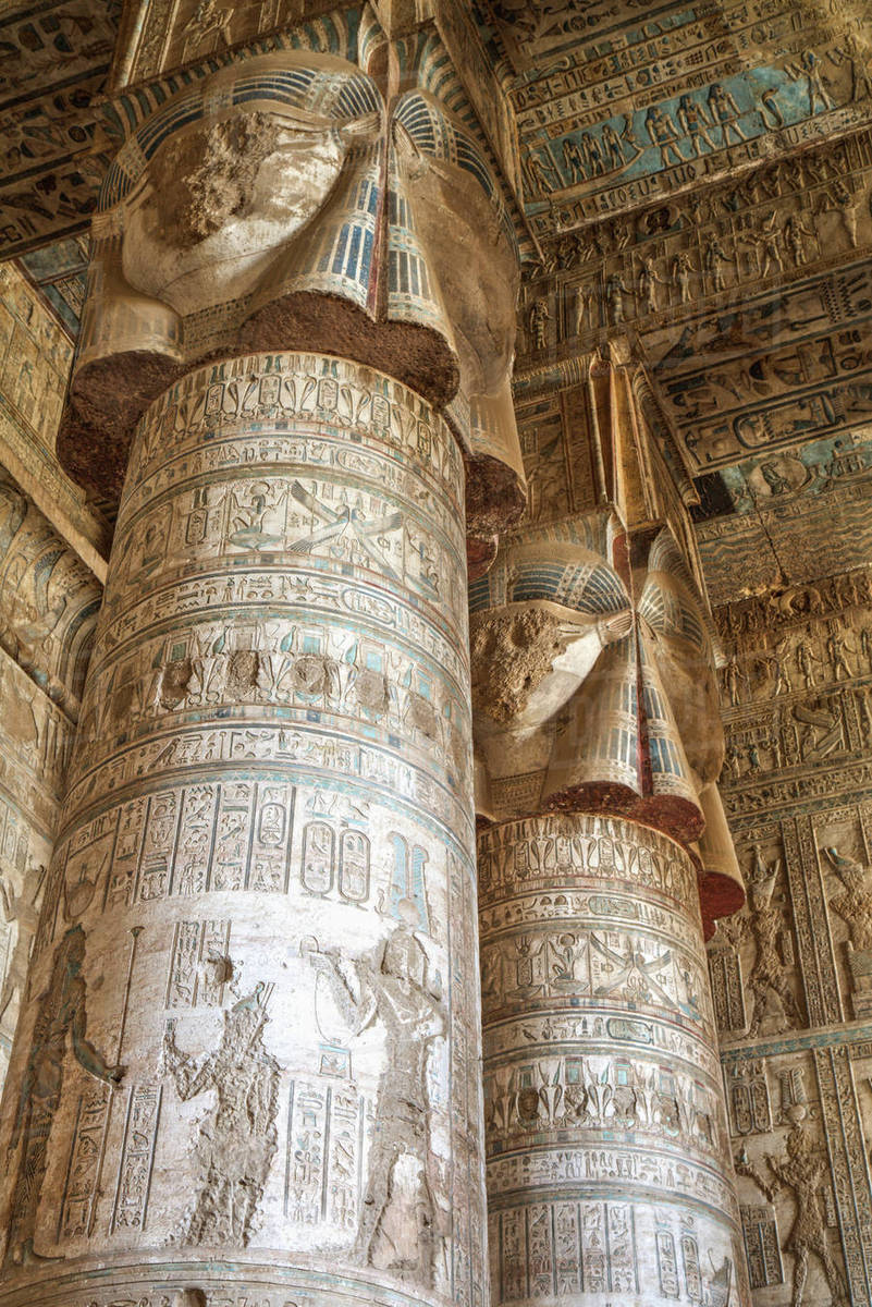 Hathor-headed columns, Hypostyle Hall, Temple of Hathor; Dendera, Egypt ...