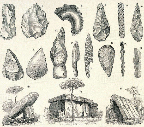 Stone Age weapons, tools and architecture. From Enciclopedia Ilustrada ...