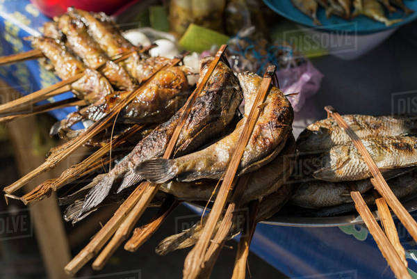 Barbecued fish in Battambang market; Battambang, Cambodia - Royalty ...