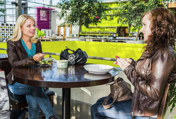 Two girlfriends having lunch in a cafe after shopping; St. Albert ...