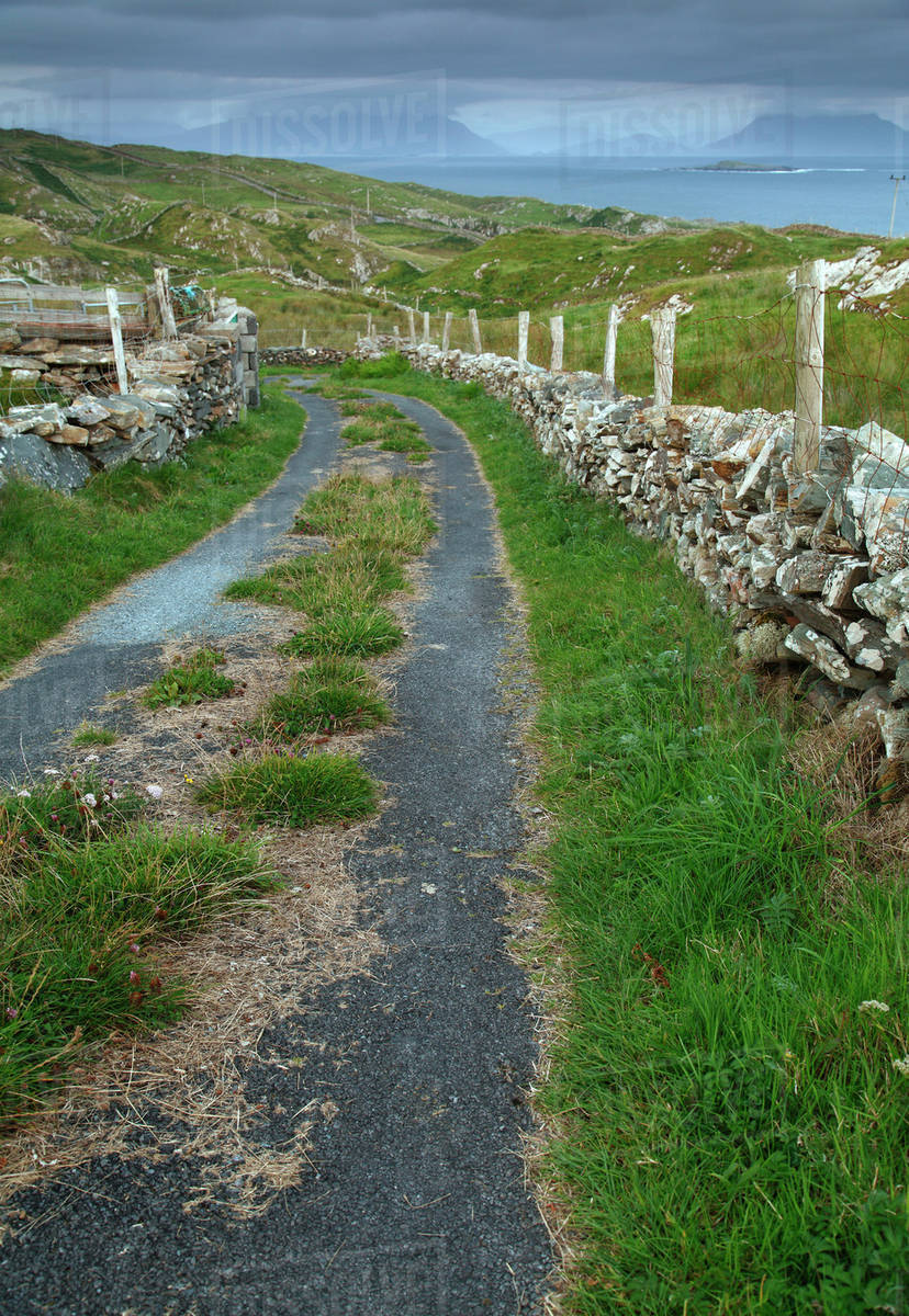 Road and stone wall on Inishturk Island, Wild Atlantic Way; County Mayo ...