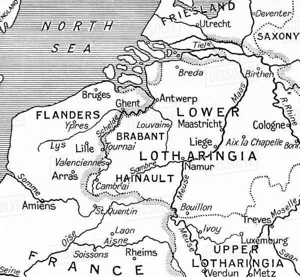 Map of Belgium, which from 843 to 869 formed part of the domains of the ...