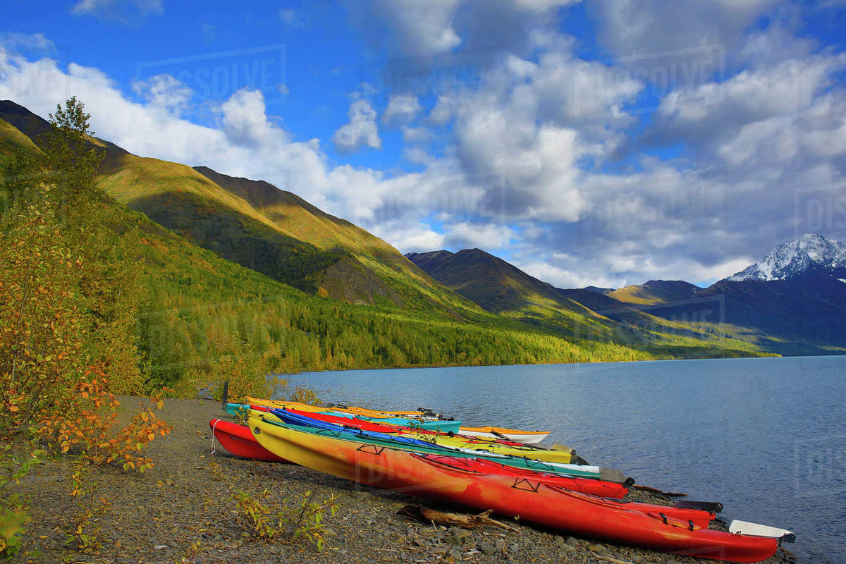 Kayaks On The Shore Of Eklutna Lake In Autumn, Chugach State Park ...