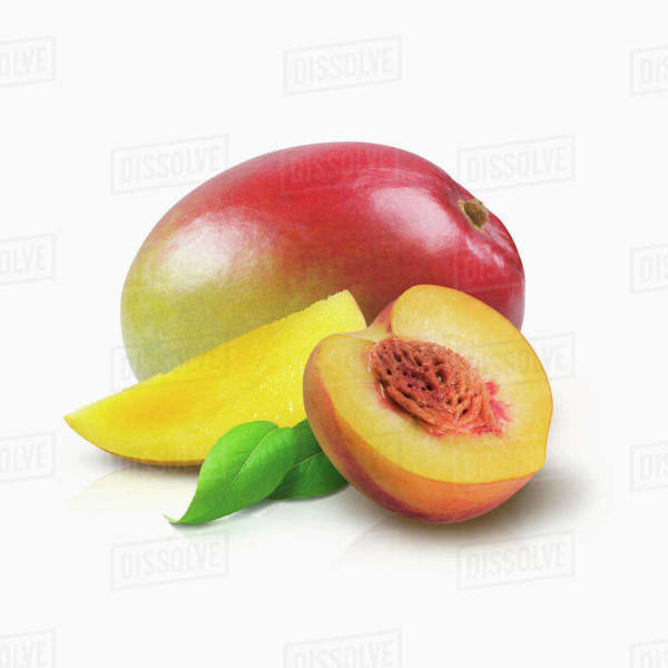 Mango And Half Of A Peach With Leaves On A White Background; Toronto ...