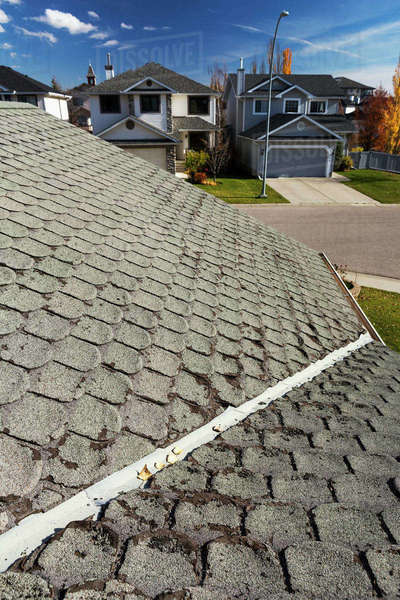 Detail Of Well Worn Rounded Roof Shingles With Neighbourhood Houses ...