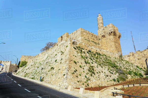 Wall And Old Building With Tower; Jerusalem, Israel - Stock Photo ...