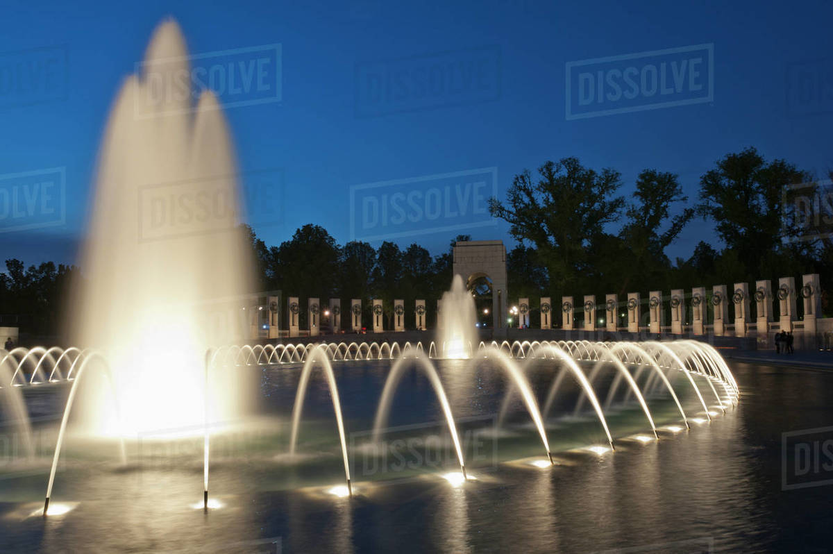 Waterfall At Twilight At The World War Ii Memorial; Washington ...