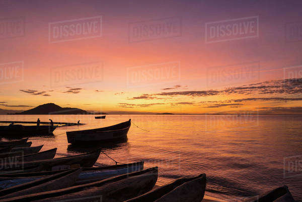 Fishing boats at dusk, Cape Maclear, Lake Malawi; Malawi - Stock Photo ...