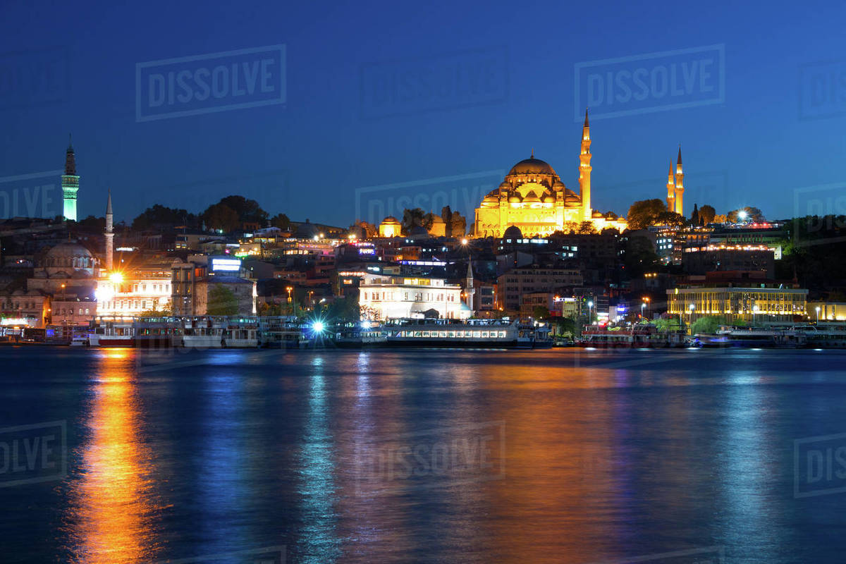 Turkey. The Waterfront Of Istanbul. The lights of the city and Rustem ...