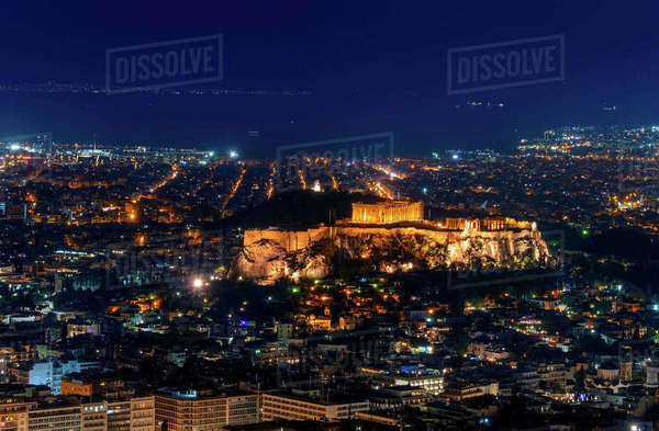 Greece. Athens. Summer night. Illuminated city and acropolis. Aerial ...