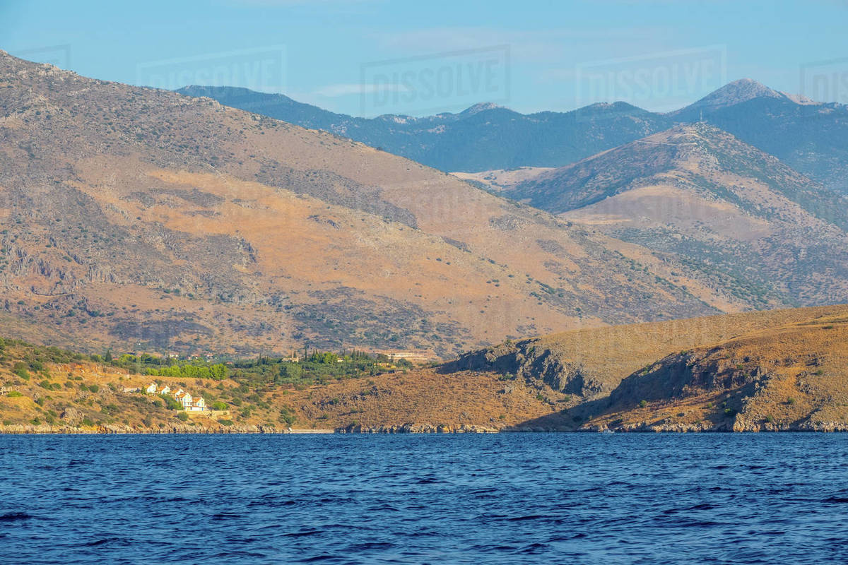 Greece. The hilly coast of the Gulf of Corinth. Summer day. Several ...