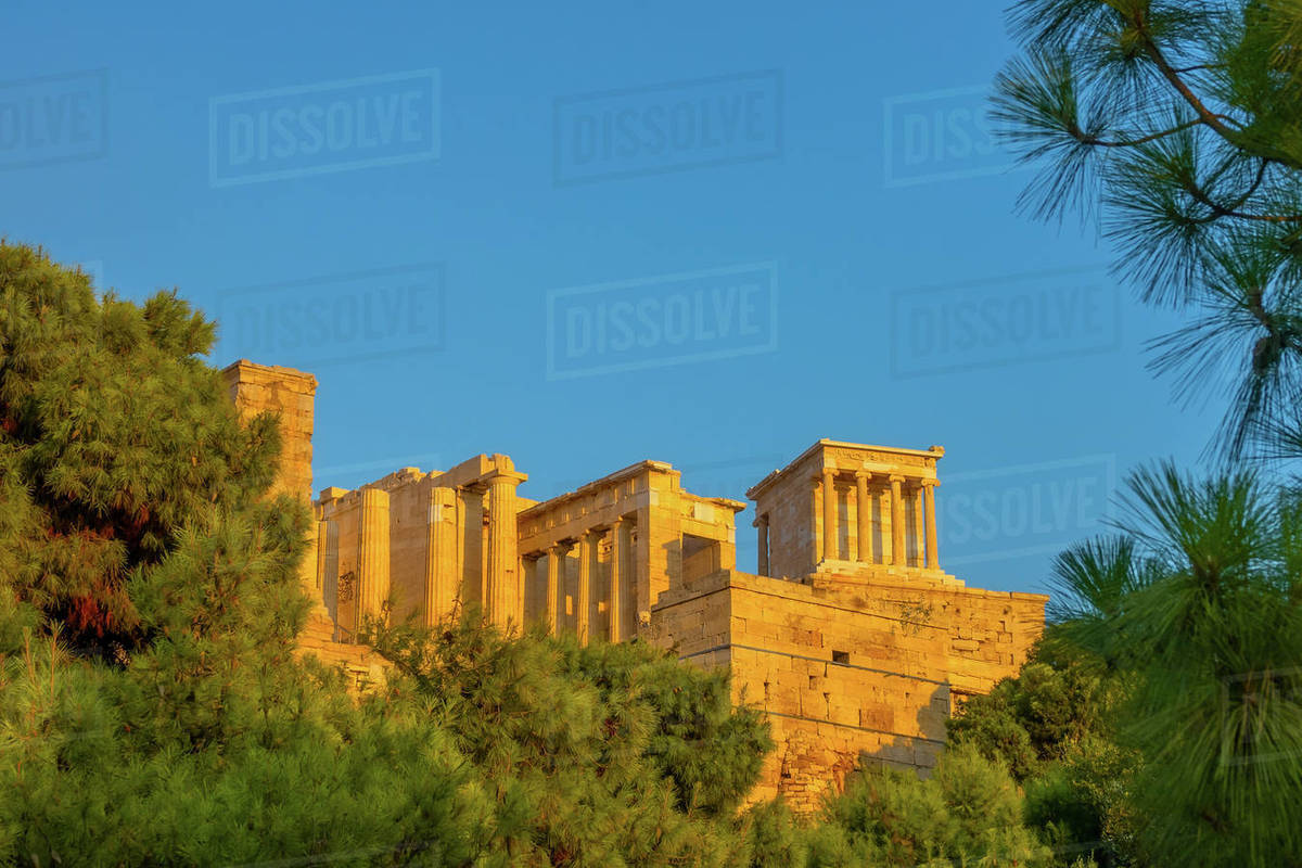 Greece. Athens. Summer cloudless sky and sunset light. Entrance to the ...