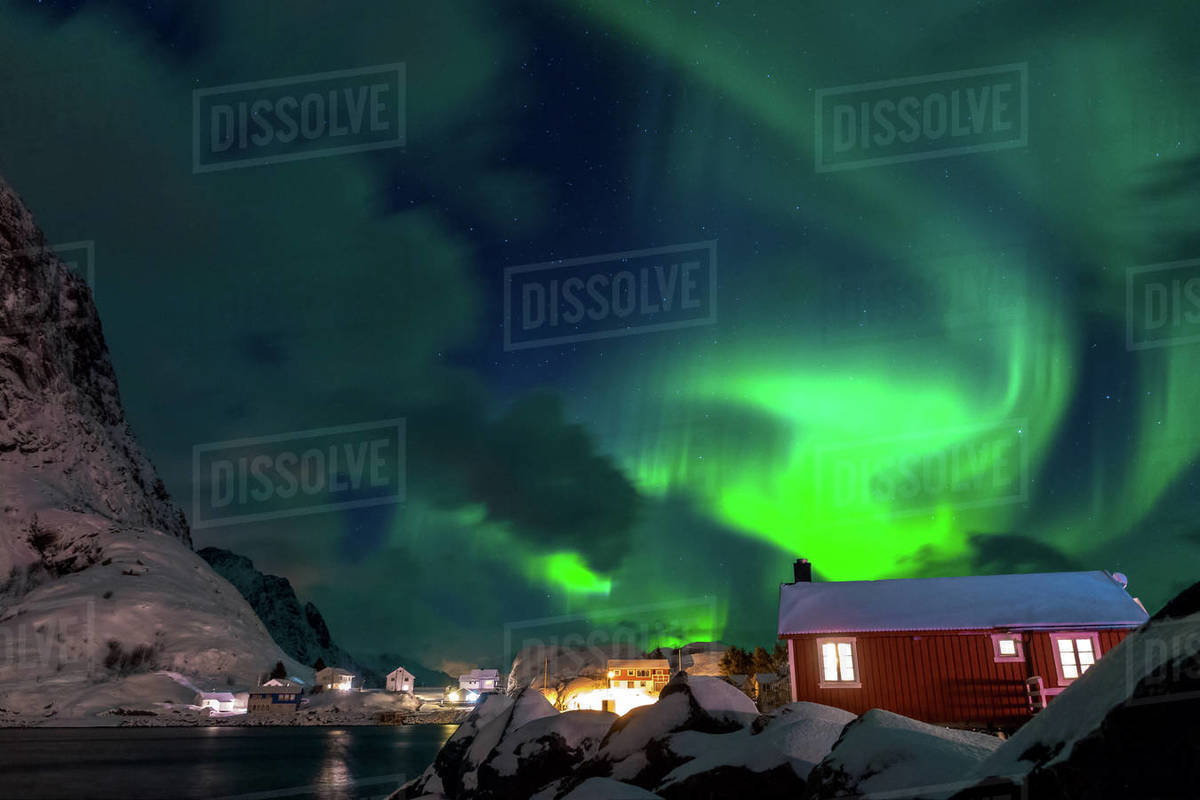 Norway. Lofoten. The Island Hamnoy. Winter night. Northern lights ...