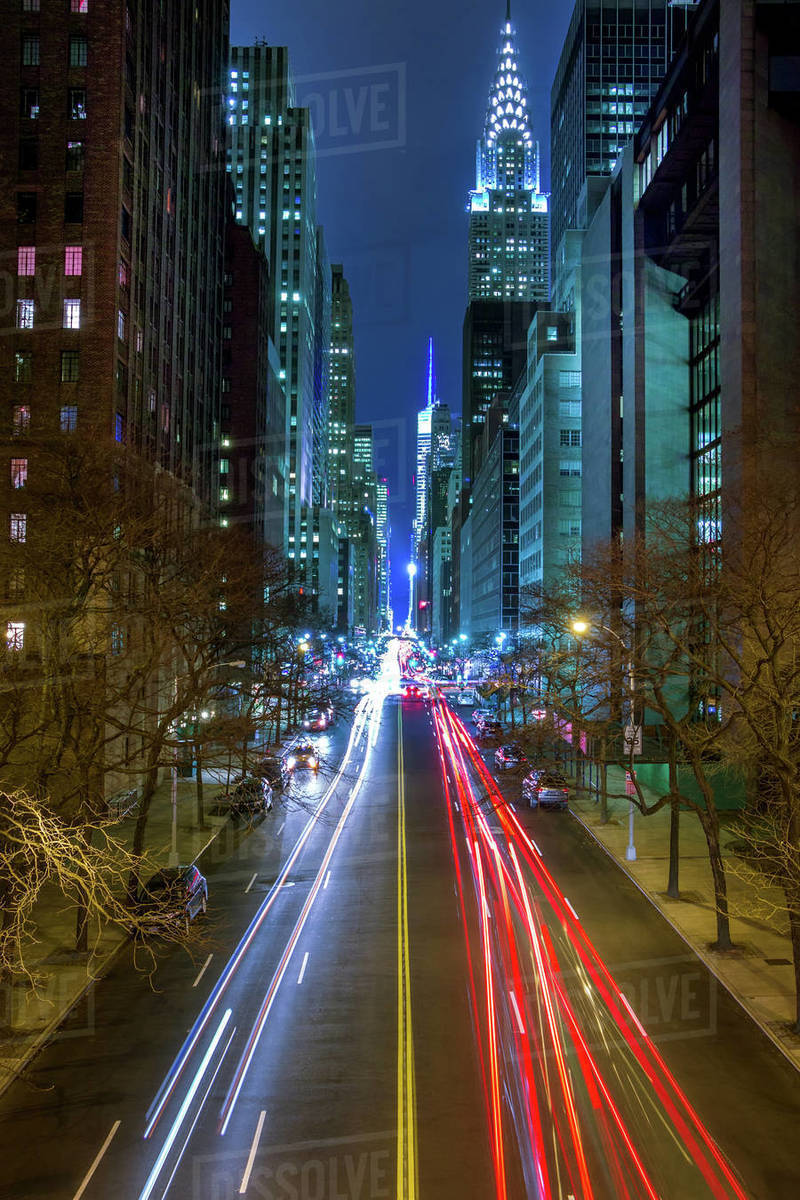 New York City. Night Traffic on 42nd Manhattan Street. Car headlights ...