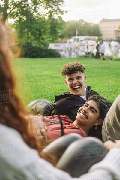 Happy male friends laughing together while talking with friend at park ...