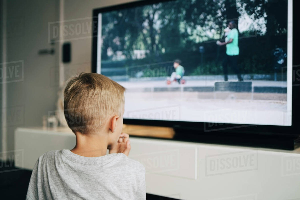 Rear view of boy watching smart TV in living room at home - Royalty ...
