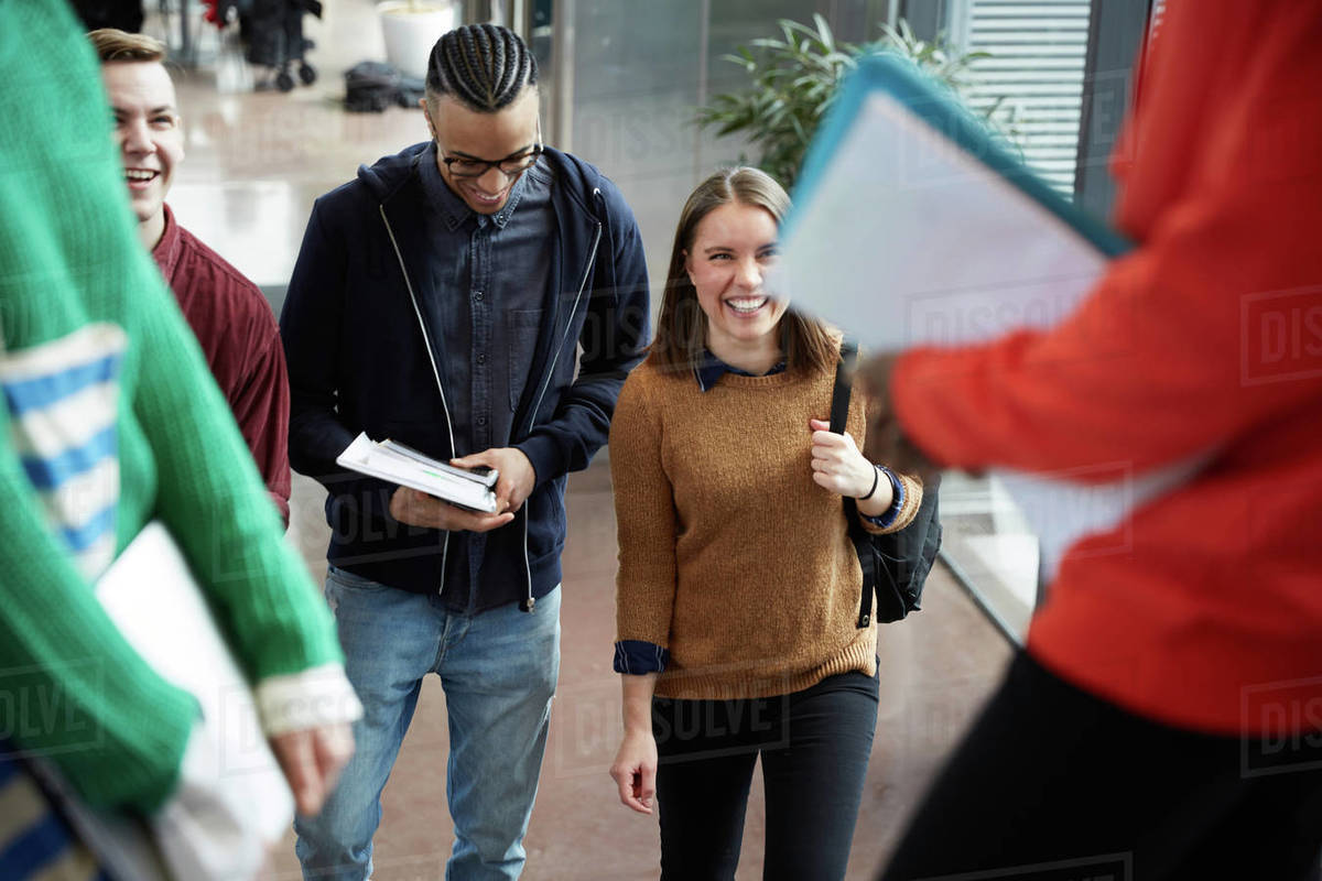 Friends talking to female students standing in university - Stock Photo ...