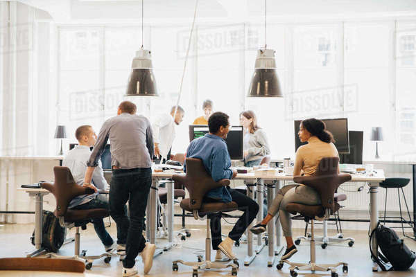 Male and female computer programmers working at desk in creative ...