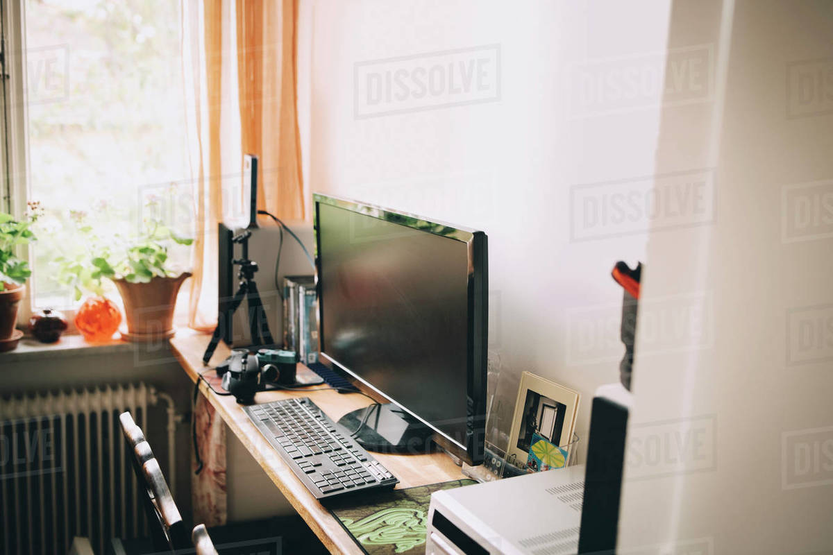 High angle view of computer against wall at home - Royalty-free Stock ...