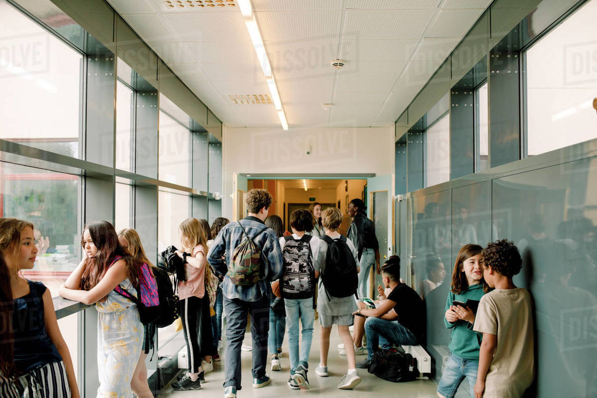 Rear view of students walking in school corridor during break - Stock Photo - Dissolve