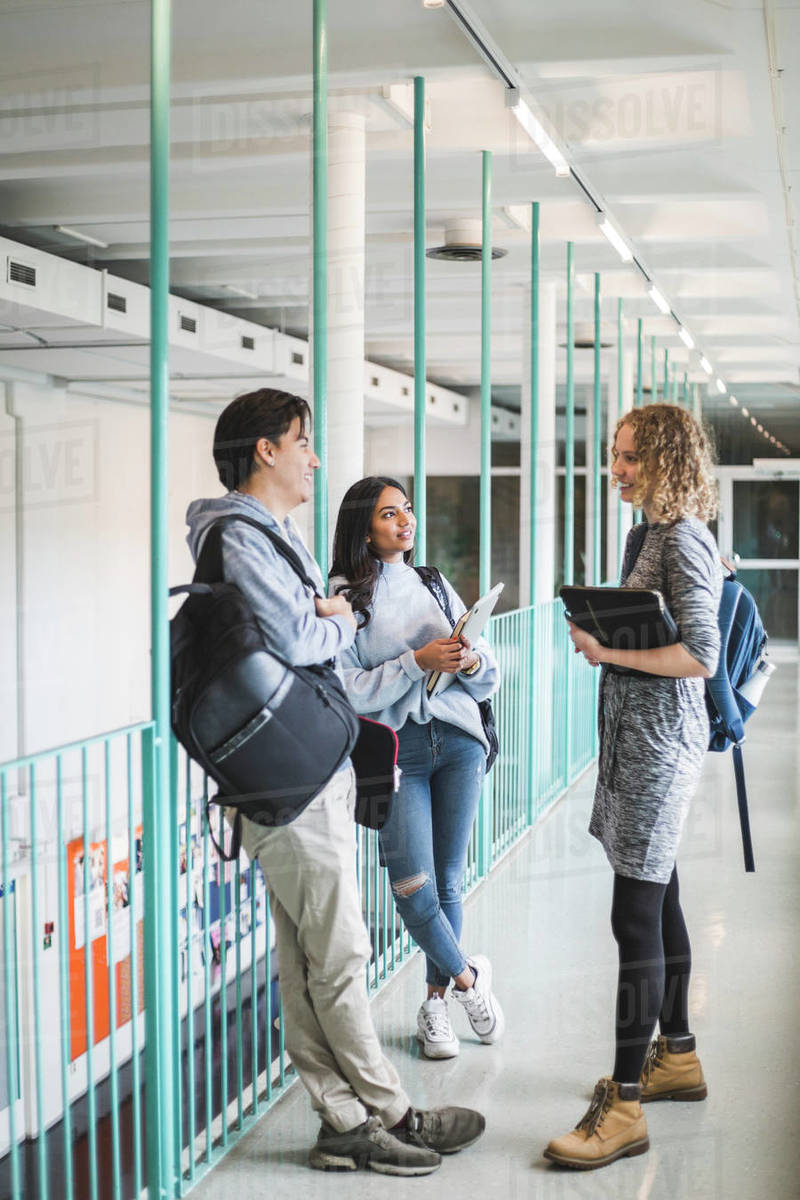 Male and female students talking while standing in corridor of ...