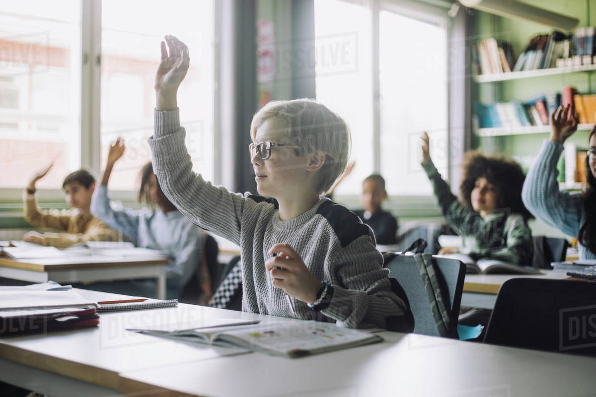 Boy with hand raised attending lecture in classroom - Royalty-free ...