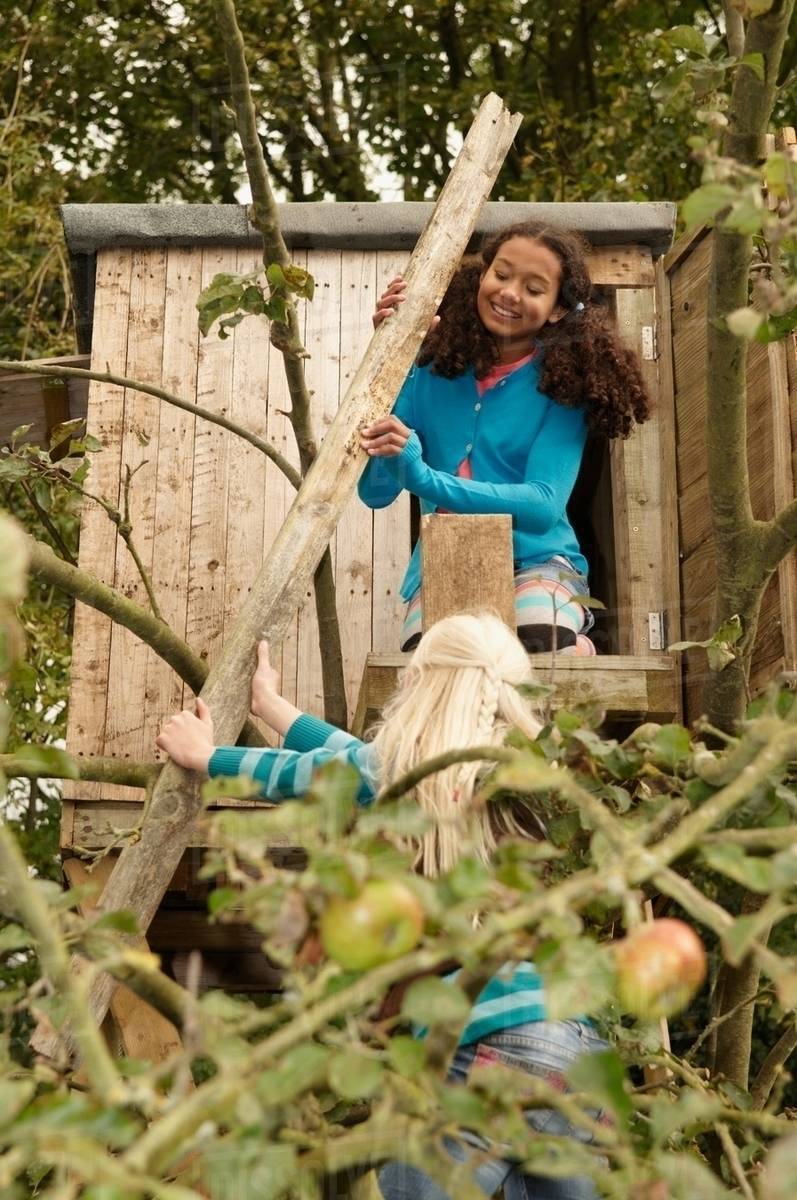 Girls mending treehouse - Royalty-free Stock Photo | Dissolve