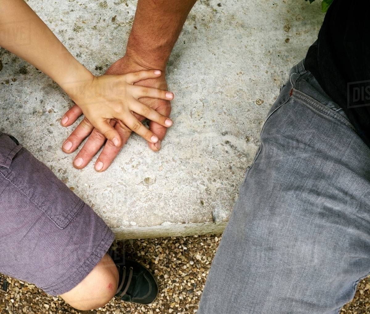 Overhead view of boys hand on top of fathers hand - Royalty-free Stock ...