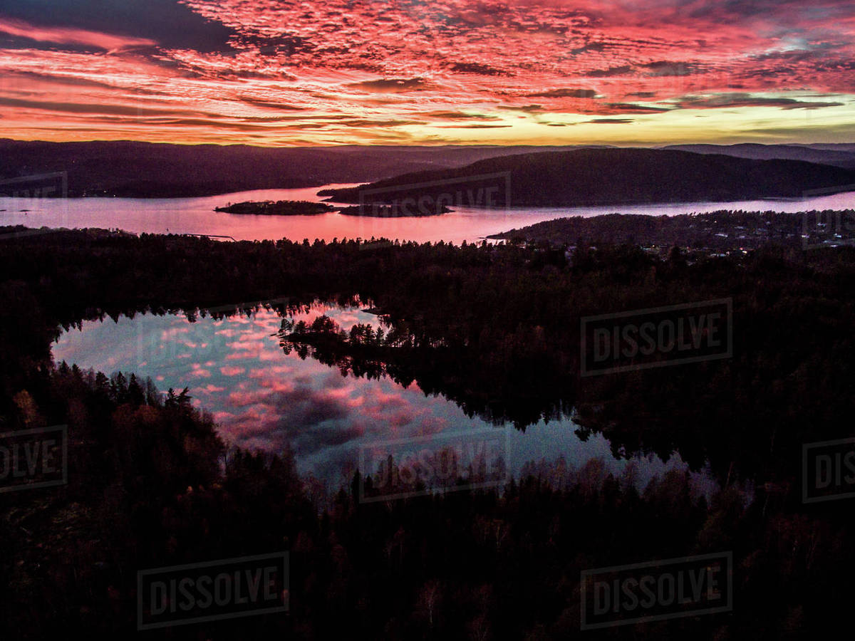 Aerial view of sunset over Oscarsborg, Drobak, Norway - Stock Photo ...