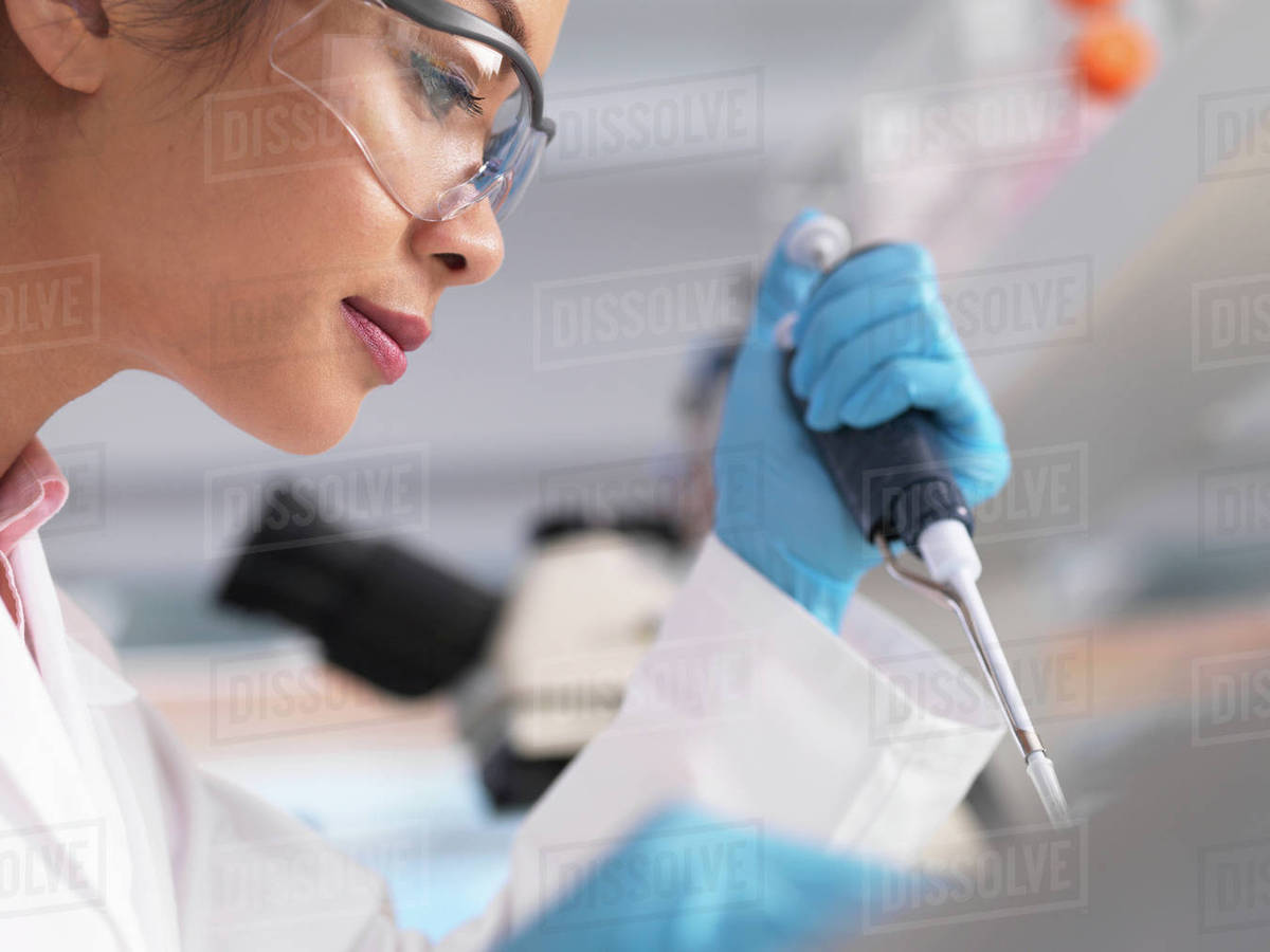 Scientist pipetting a sample into a phial during an experiment in a ...