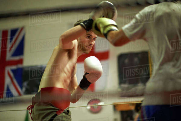 Two boxers sparring in boxing ring - Stock Photo - Dissolve