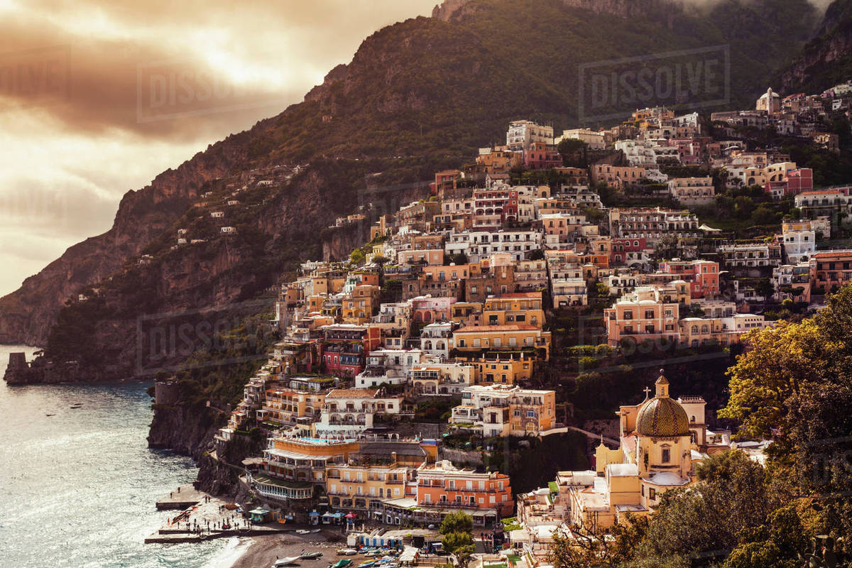 Cliff side buildings, Positano, Amalfi Coast, Italy - Stock Photo ...